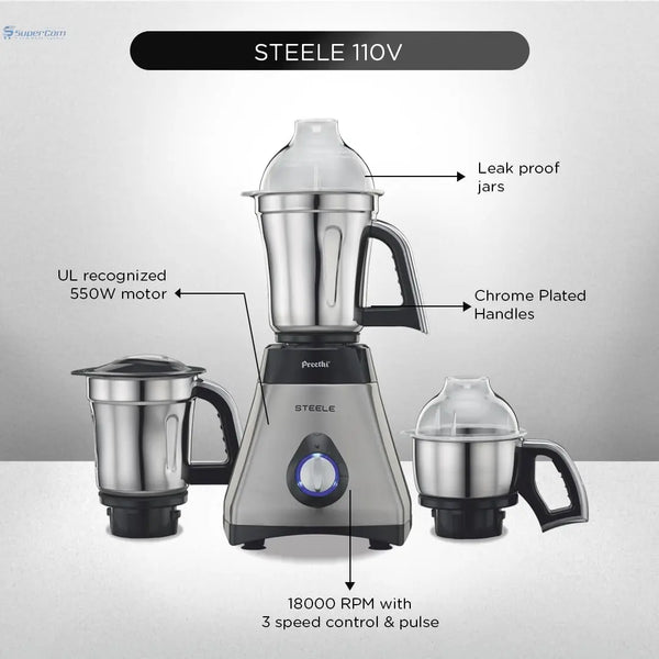 Preethi Steele Mixer Grinder 110V – USA & Canada Use – SuperCom Online ...