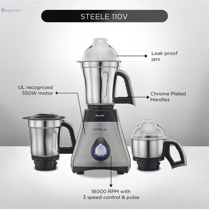 Preethi Steele Mixer Grinder 110V – USA & Canada Use – SuperCom Online ...