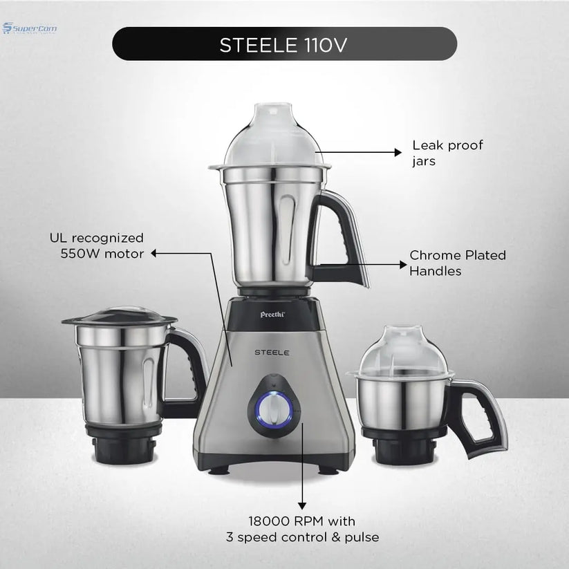 Preethi Steele Mixer Grinder 110V – USA & Canada Use – SuperCom Online ...