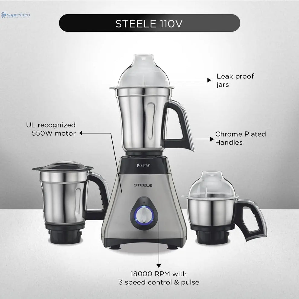 Preethi Steele Mixer Grinder 110V – USA & Canada Use – SuperCom Online ...